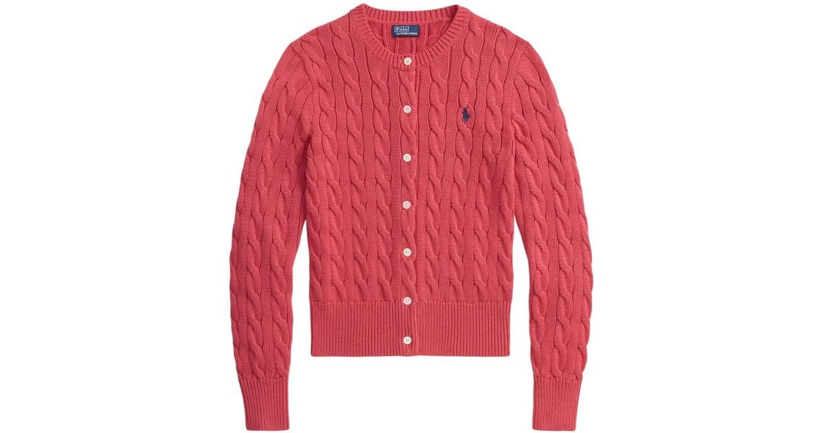 Polo Ralph Lauren Cable-Knit Long-Sleeve Cardigan in Red | Lyst
