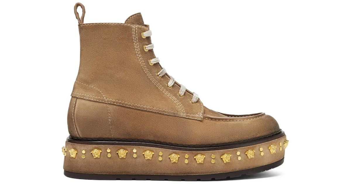 Versace Studded Stack Boots in Brown for Men | Lyst