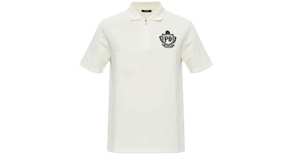 Balmain College Emblem Short-Sleeve Polo Shirt in White for Men | Lyst UK