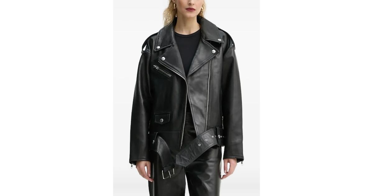 Stand Studio Belted Zip-Front Leather Jacket in Black | Lyst