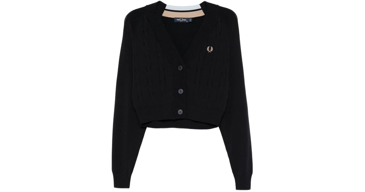 Fred Perry Cable-Knit Cropped Cardigan in Black | Lyst