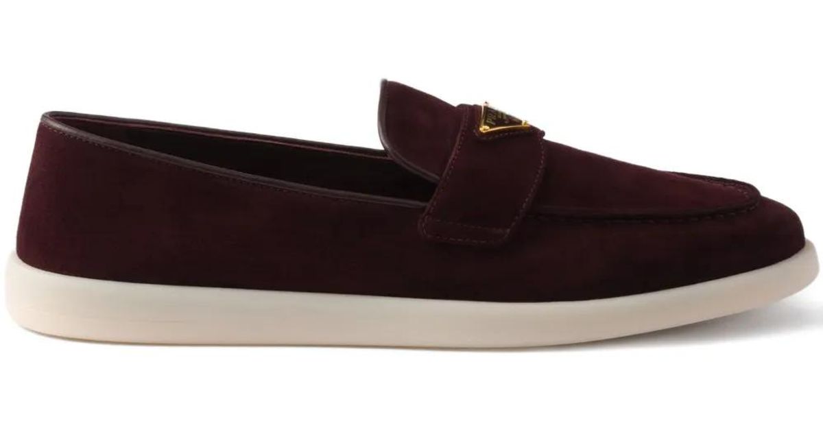 Prada Logo-Embellished Suede Loafers in Red | Lyst