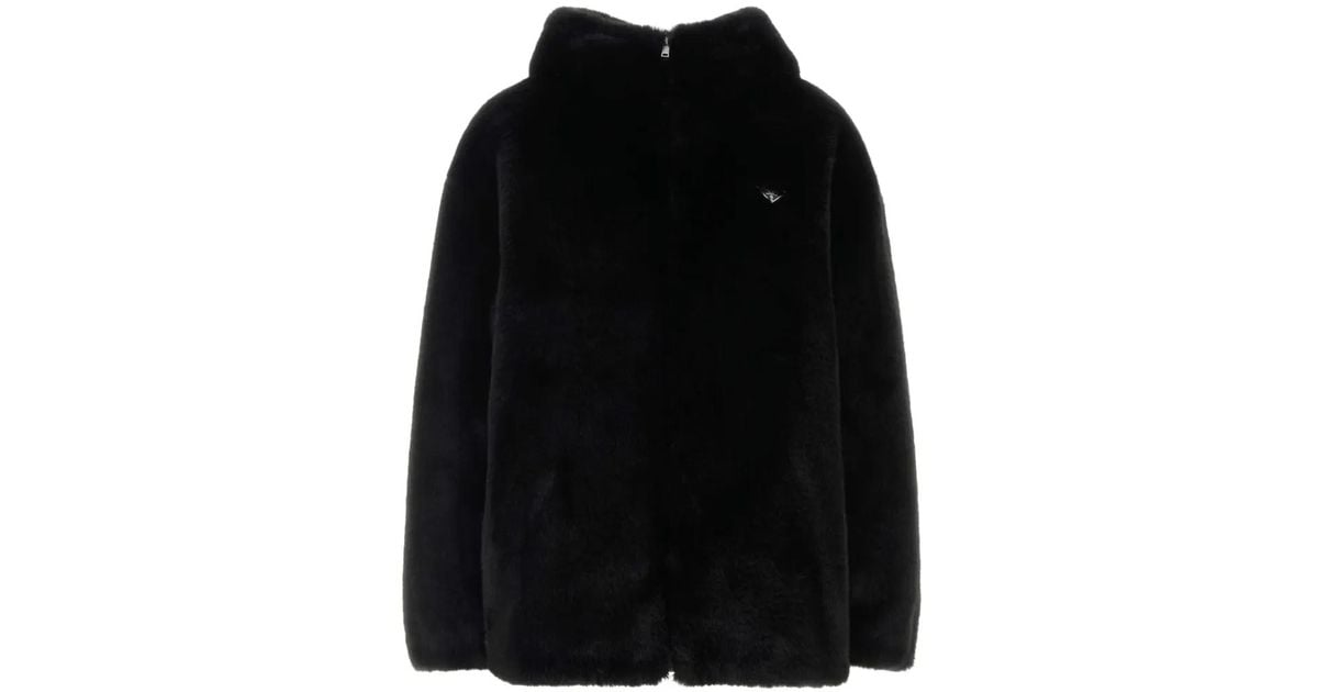 Prada Logo Faux-Fur Jacket in Black | Lyst UK