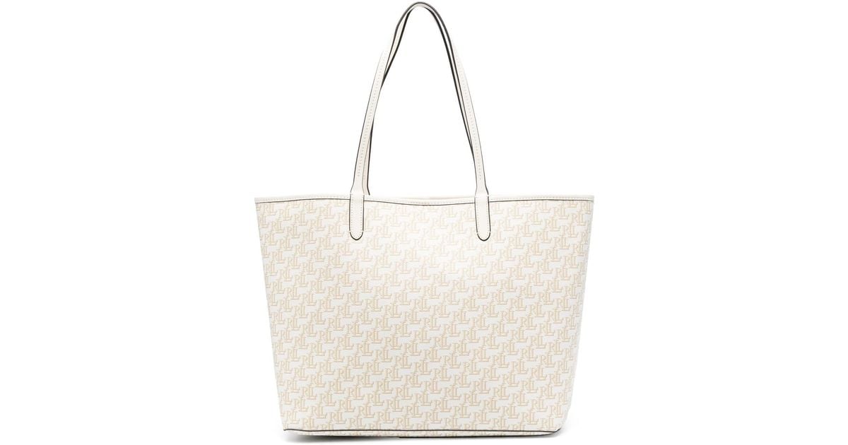 Polo Ralph Lauren Collins Monogram Canvas Tote Bag in Natural | Lyst
