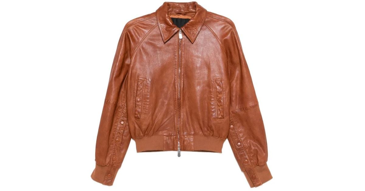 Pinko Barbra Bomber Leather Jacket in Brown | Lyst UK