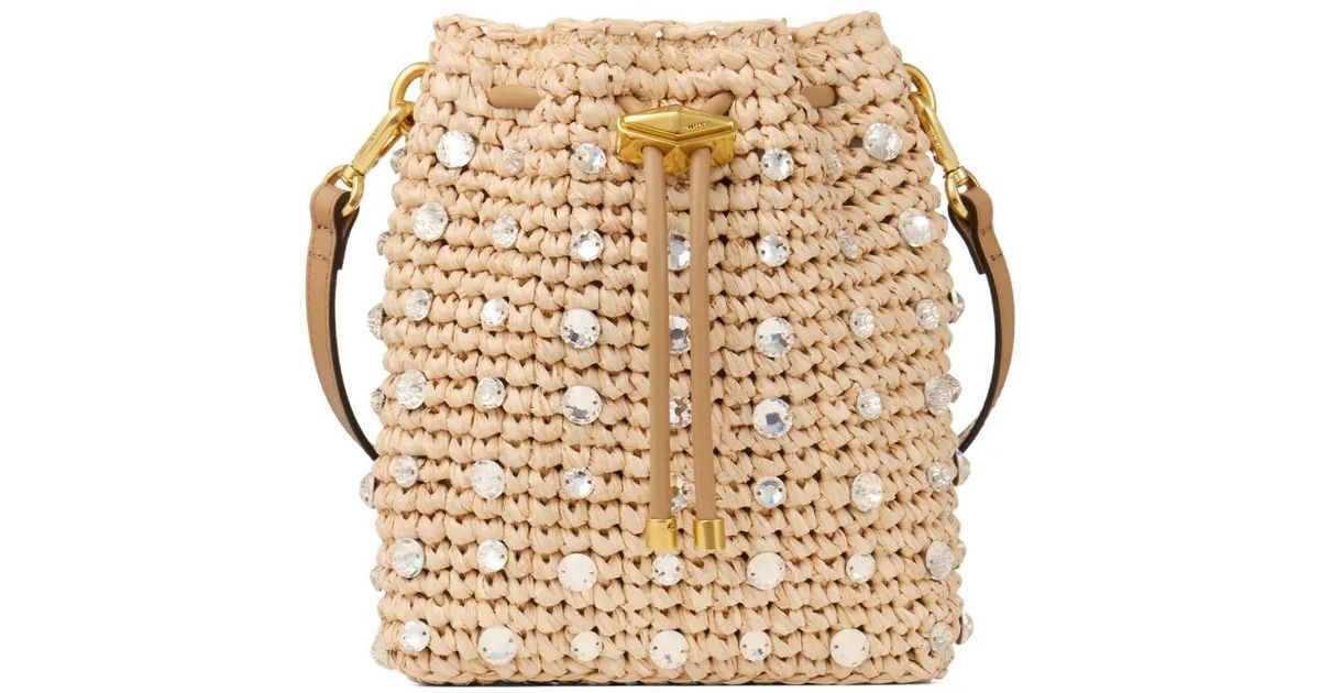Jimmy Choo Crystal-Embellished Bucket Bag in Natural | Lyst UK