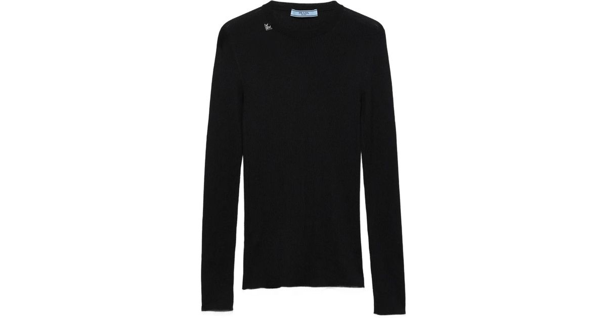 Prada Ribbed Knit Wool Crewneck Sweater in Black | Lyst