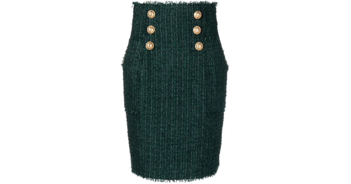 Balmain Button-Detail Tweed Pencil Skirt in Green | Lyst UK