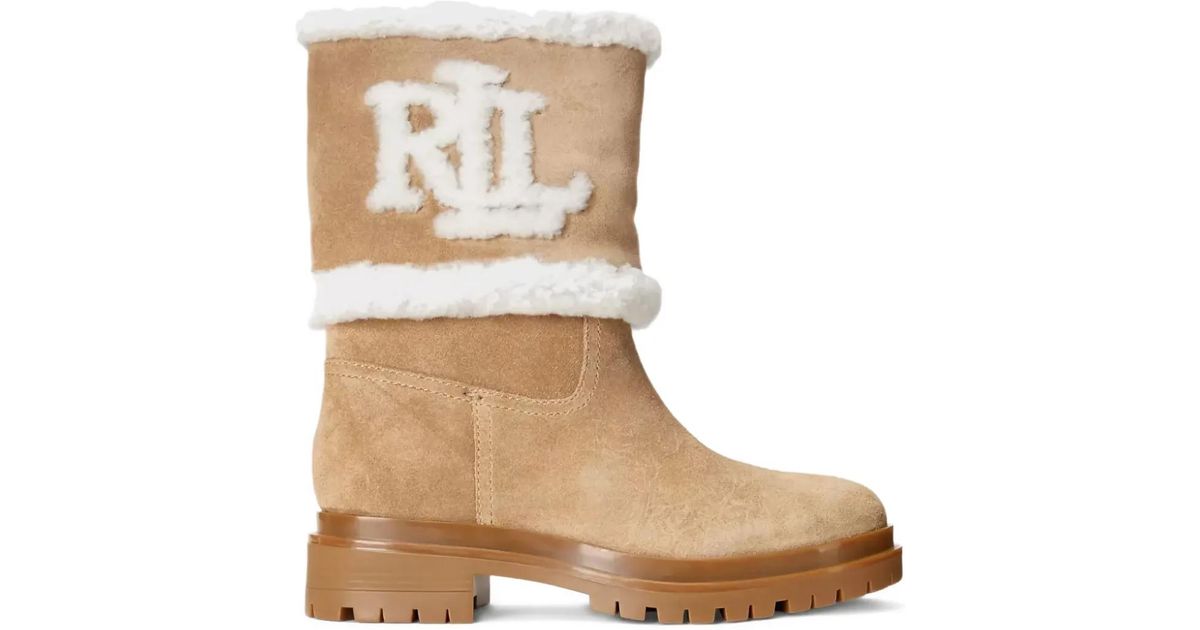 Ralph Lauren Logo-Lettering Suede Boots in Brown | Lyst UK