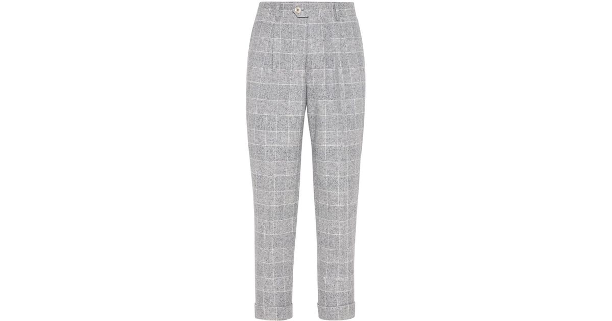 Brunello Cucinelli Prince Of Wales Check Tapered Trousers in Gray for Men | Lyst