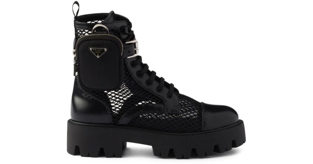 Prada Mesh And Leather Monolith Boots With Pouch in Black | Lyst