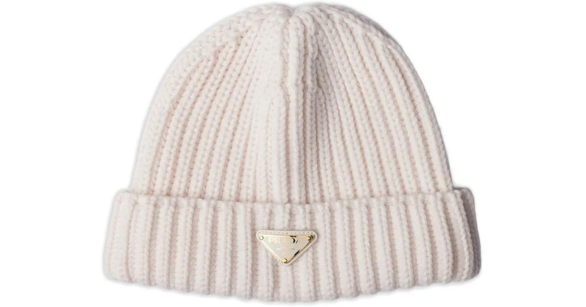 Prada Triangle-Logo Beanie Hat in Natural | Lyst UK