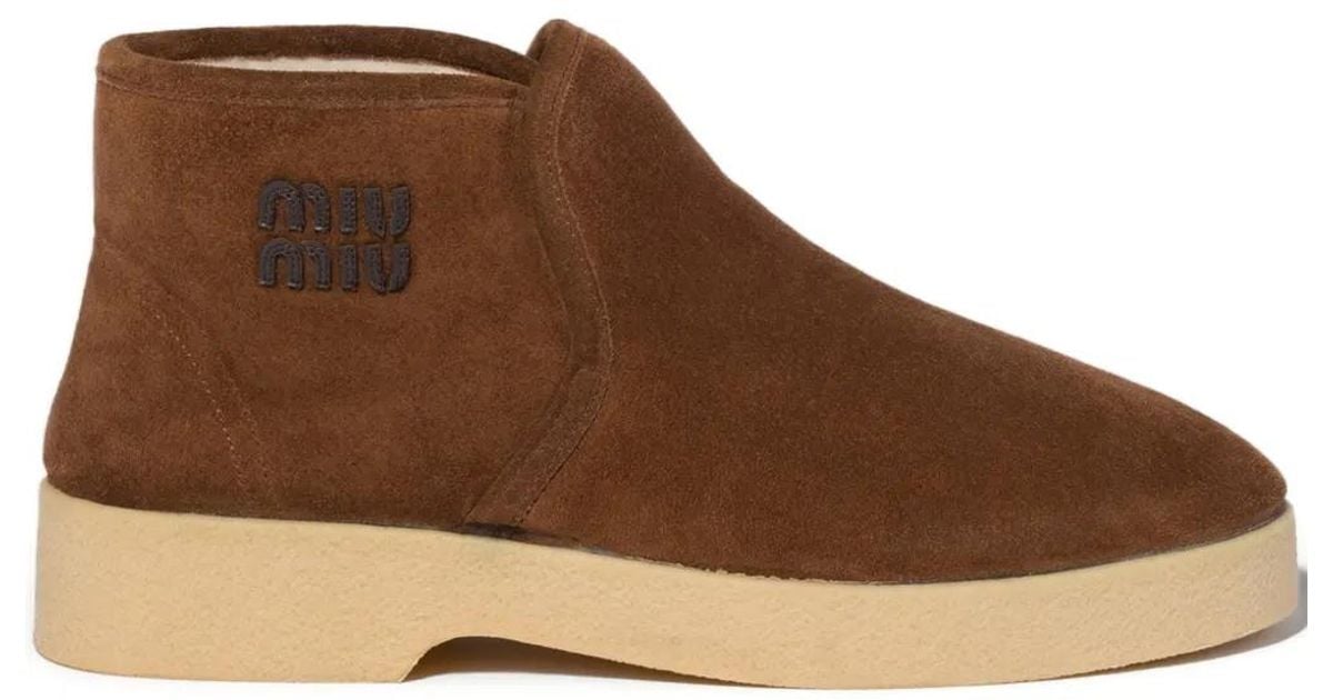 Miu Miu Logo-Lettering Suede Boots in Brown | Lyst UK