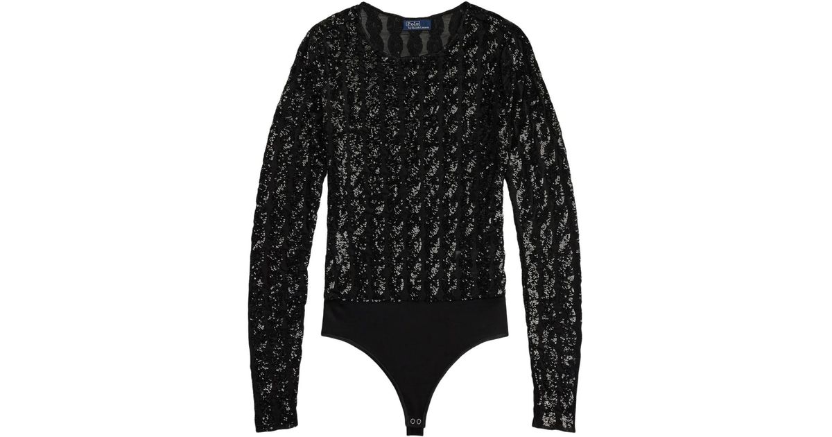 Polo Ralph Lauren Cable-Sequin Mesh Bodysuit in Black | Lyst UK