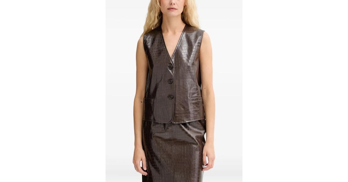 Isabelle Blanche Button-Up Crocodile-Effect Waistcoat in Brown | Lyst UK