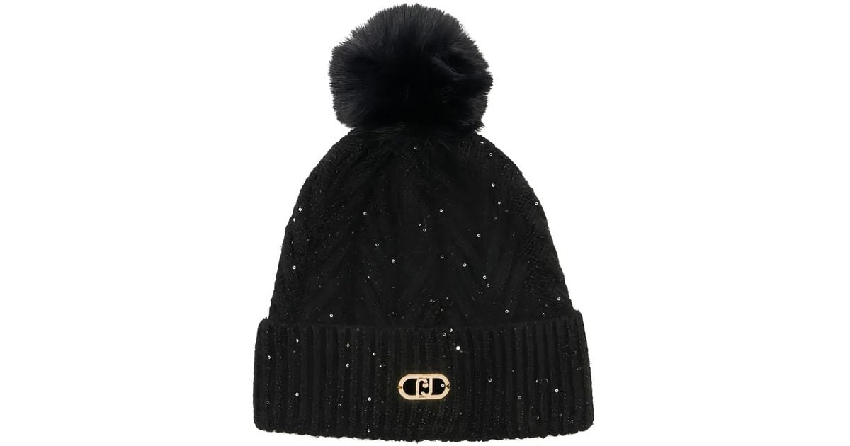 Liu Jo Pompom Sequin Beanie Hat in Black | Lyst UK