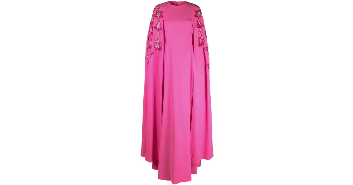 Dina Melwani Floral-Embroidered Crepe Gown in Pink | Lyst