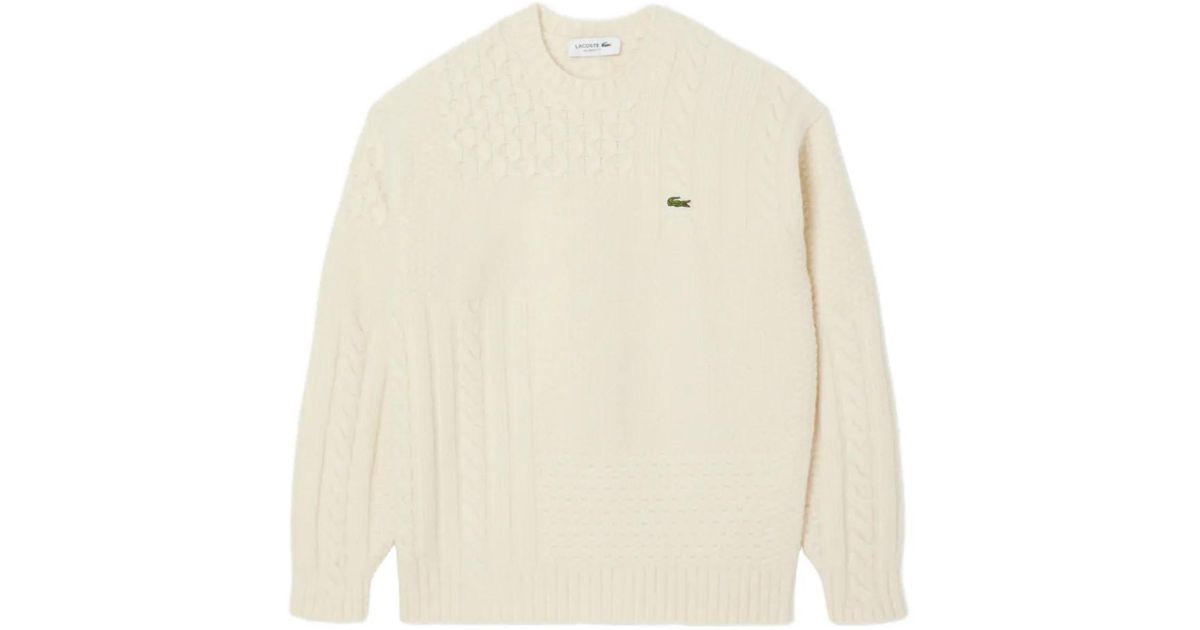 Lacoste Cable Knit Pullover in White for Men | Lyst