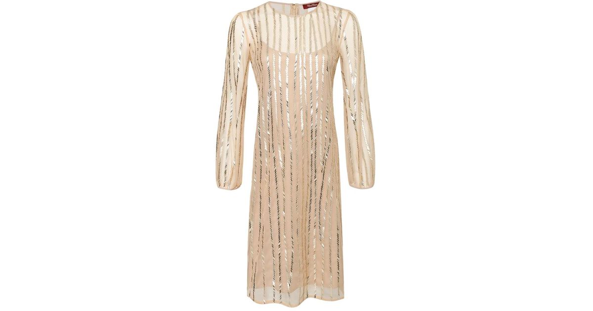 Max Mara Sequin-Embellished Long-Sleeve Dress in Natural | Lyst