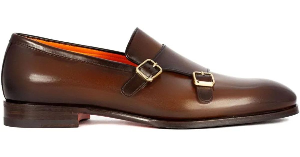 Santoni Leather Double-Buckle Monk Shoes in Brown for Men | Lyst