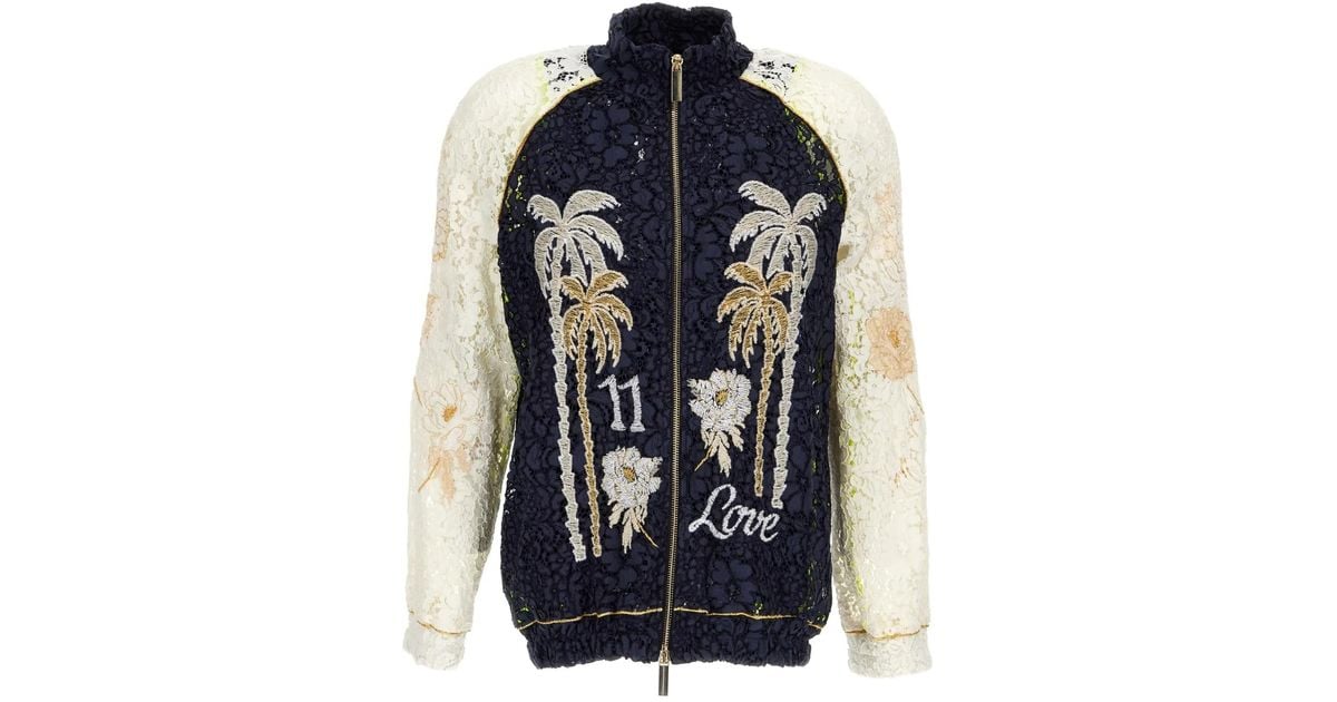 LINEA 11 Embroidered-Lace Bomber Jacket in Blue | Lyst