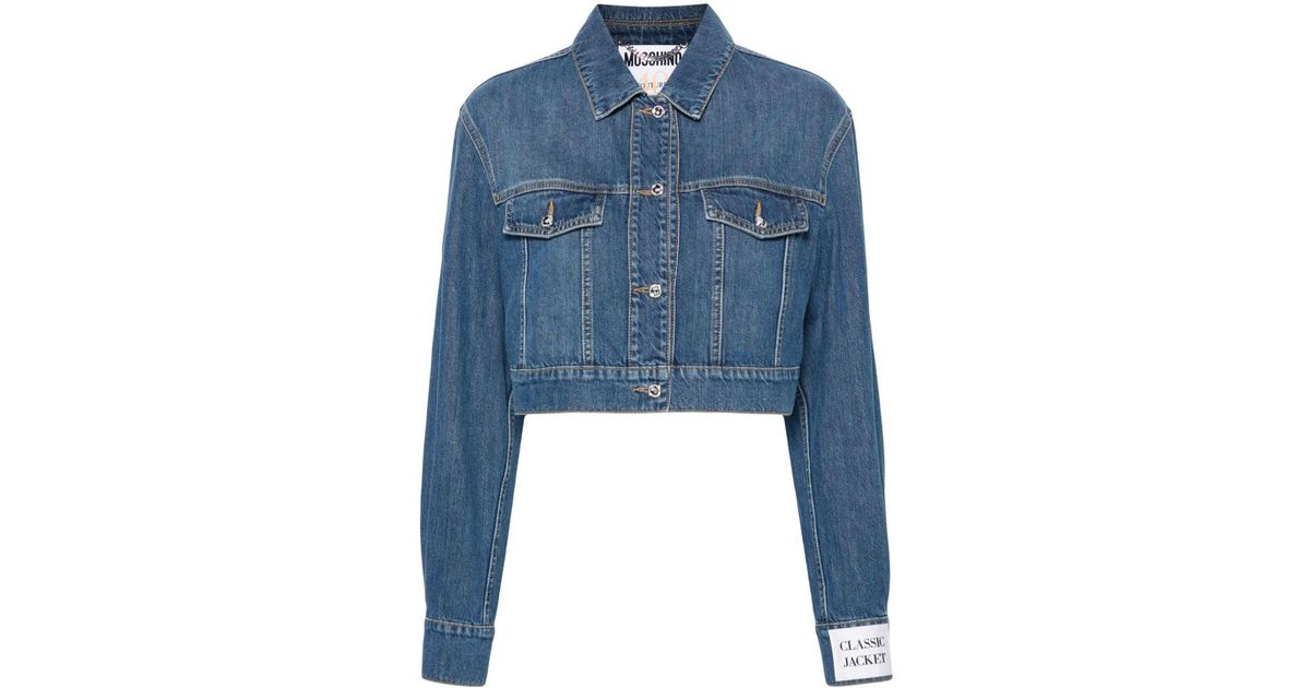 Moschino Crystal-Embellished Cropped Denim Jacket in Blue | Lyst
