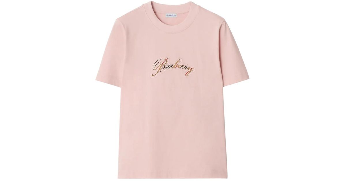 Burberry T-Shirt With Check Cursive Logo in Pink | Lyst UK