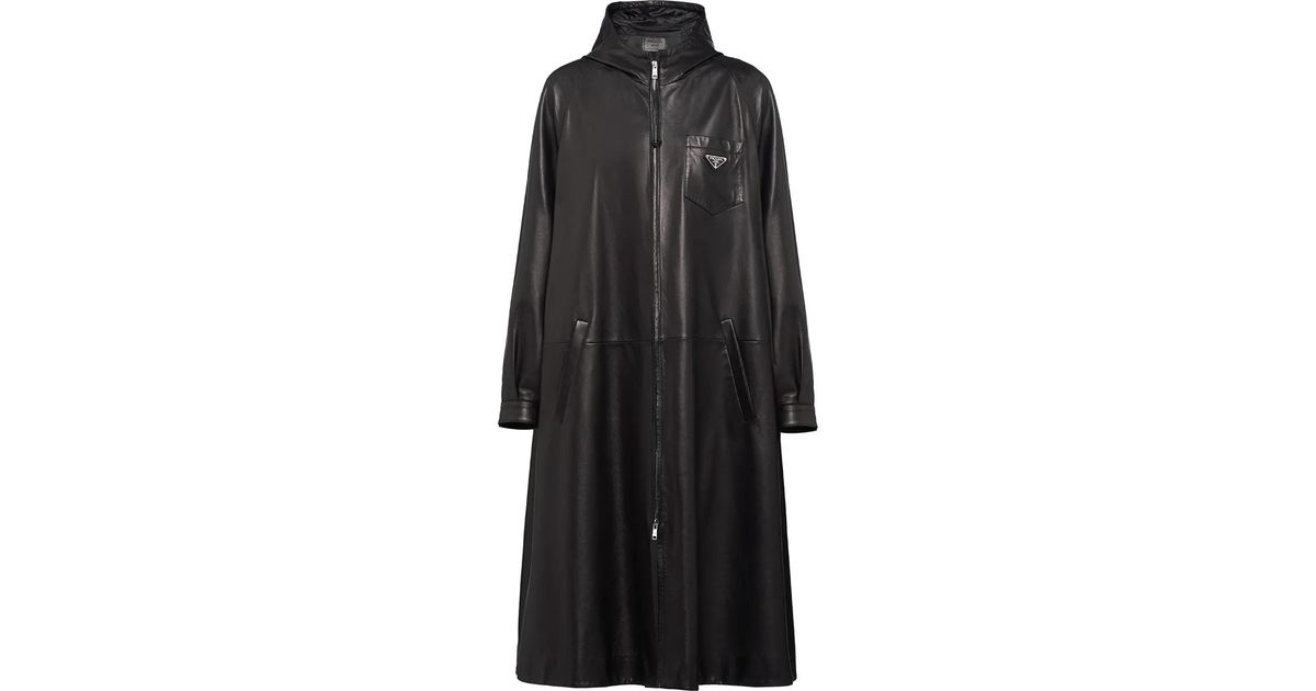 Prada Leather Oversized Trench Coat in Black | Lyst