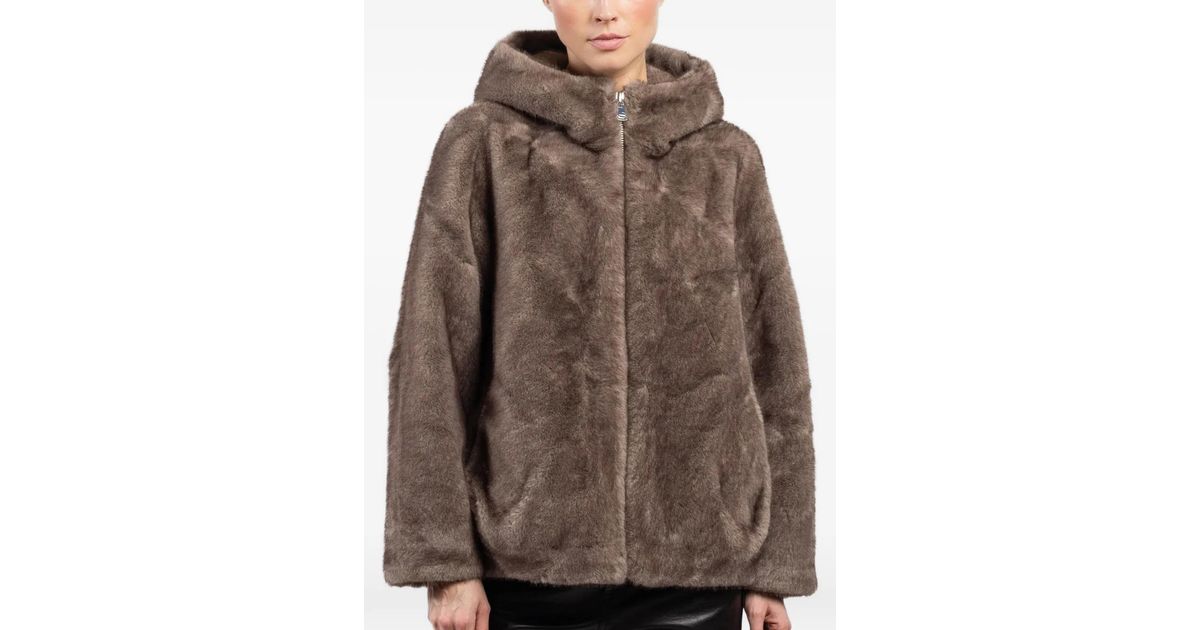 Cherry Blue Hooded Faux-Fur Jacket in Brown | Lyst UK