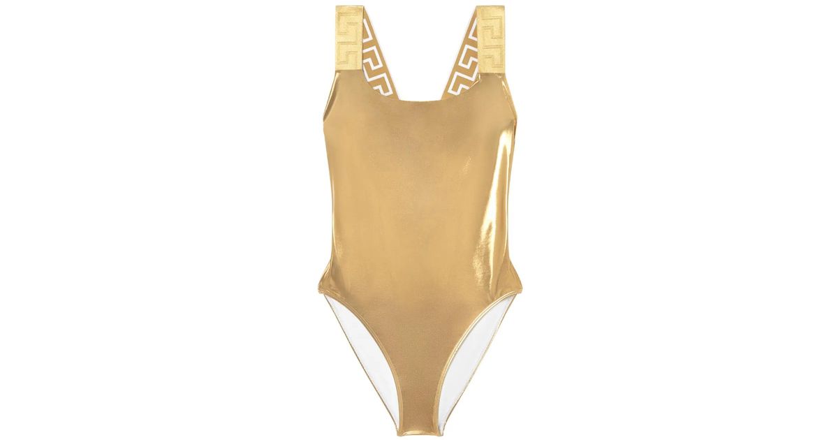 Versace Greca Border Metallic Swimsuit in Natural | Lyst