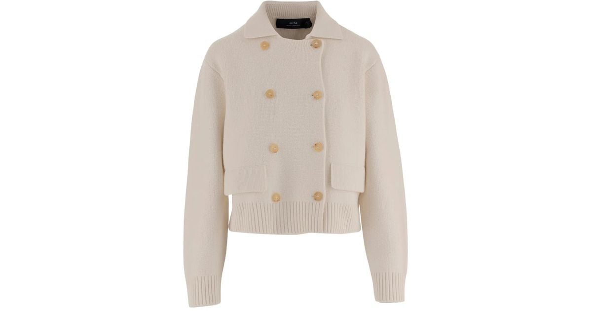 arch4 Double-breasted Ribbed Knit Jacket in Natural | Lyst