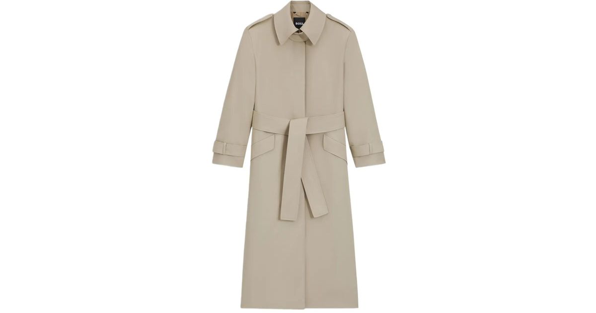 BOSS Belted Wool Trench Coat in Natural | Lyst