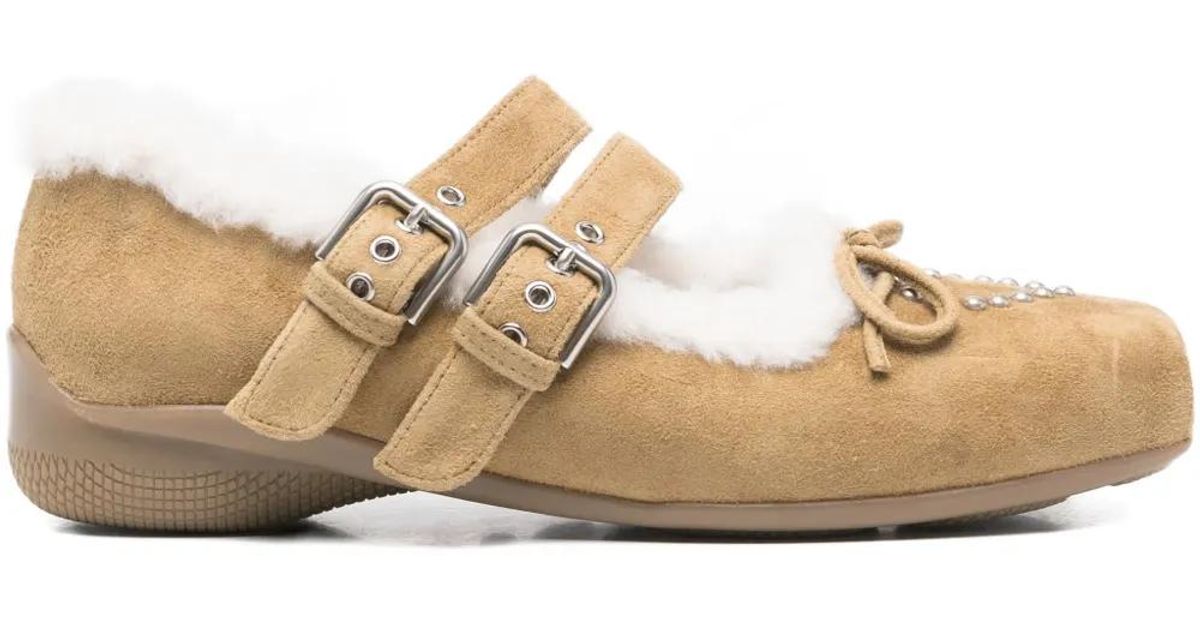 OPEN YY Shearling Heart-Stud Ballet Flats in Natural | Lyst UK