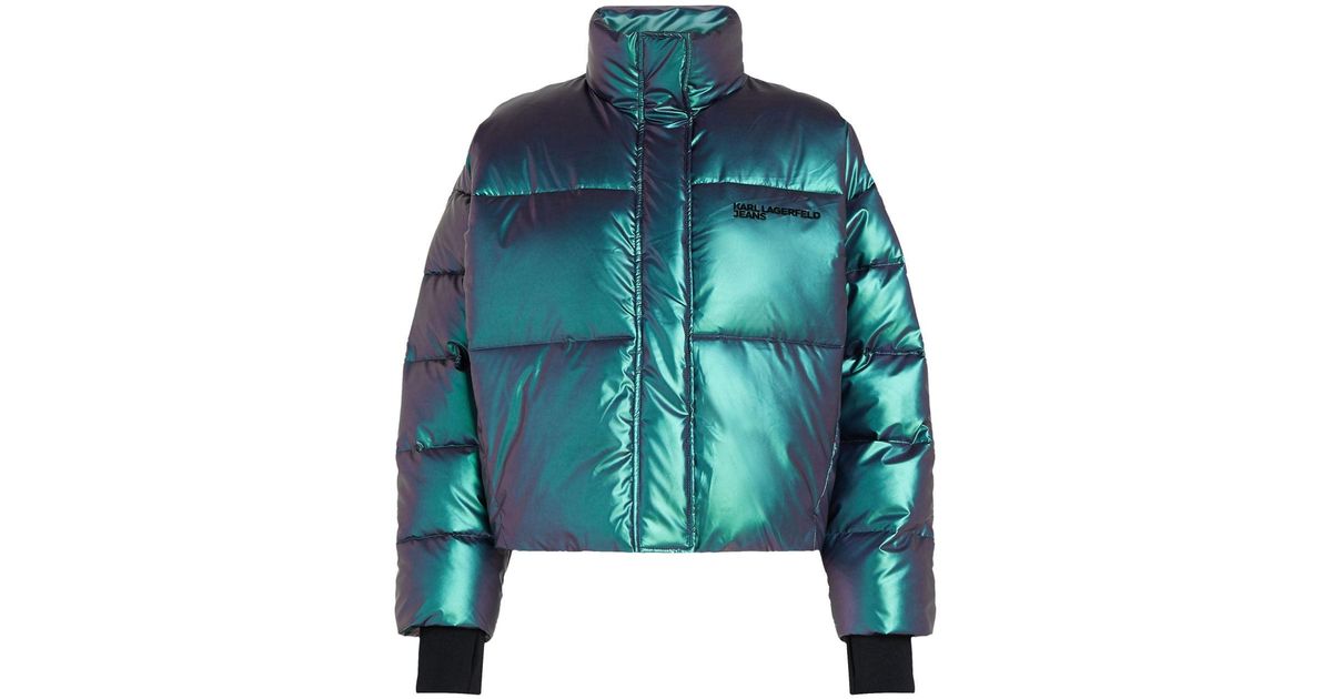 Karl Lagerfeld Iridescent Cropped Puffer Jacket in Blue | Lyst