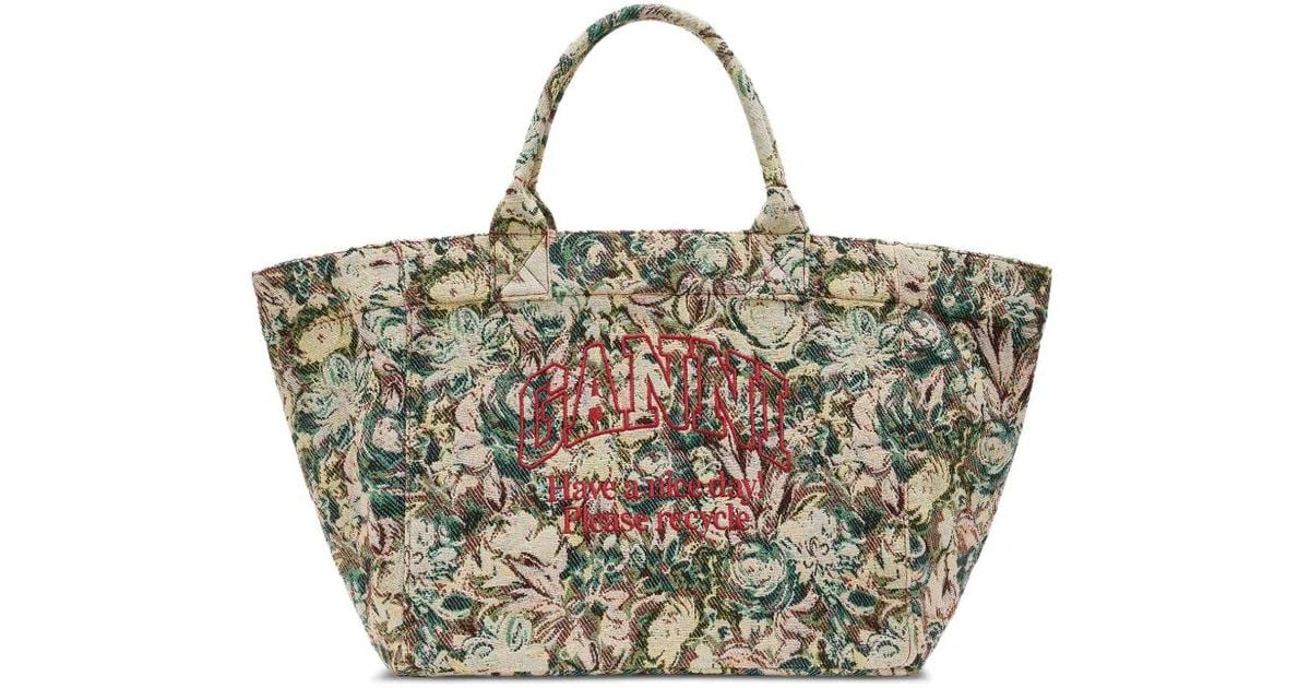 Ganni Large Floral-Pattern Tapestry-Effect Tote Bag in Natural | Lyst UK