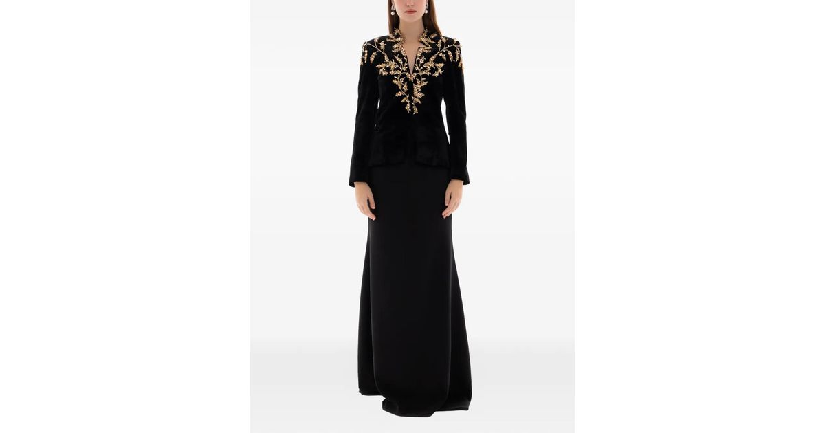 Dina Melwani Embroidered Velvet Maxi Dress in Black | Lyst UK