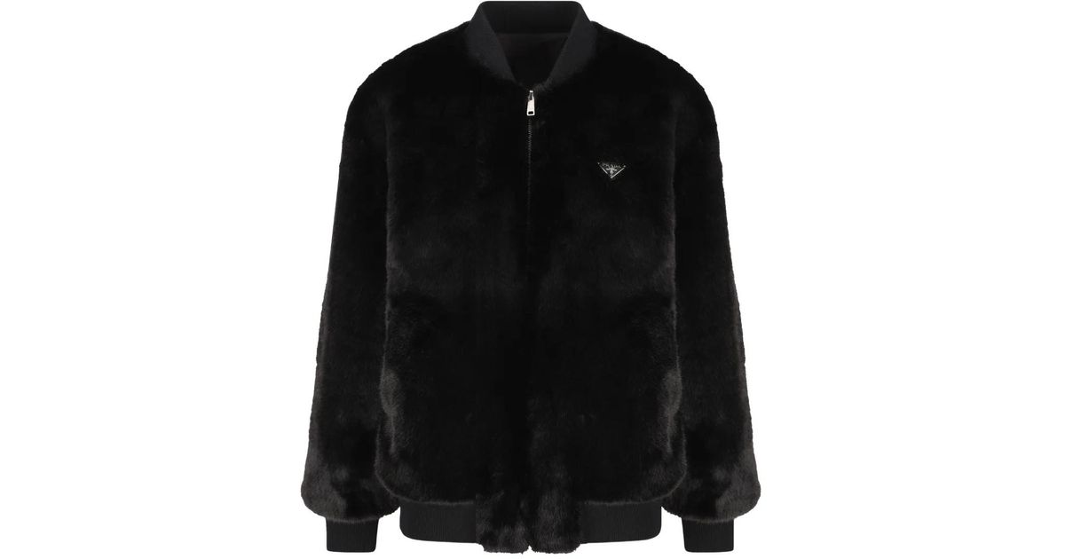 Prada Faux-Fur Logo Jacket in Black | Lyst UK