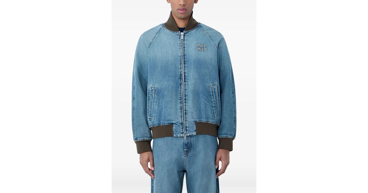 Miu Miu Rib Trims Logo Denim Jacket in Blue for Men | Lyst UK