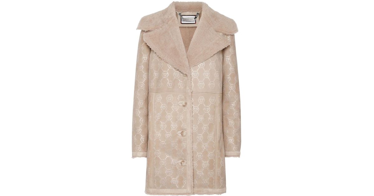 Philipp Plein Monogram-Embossed Shearling Coat in Natural | Lyst UK