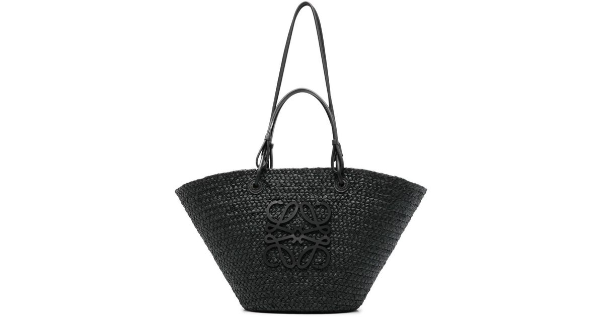 Loewe Elegant Raffia Basket Handbag With Leather Trims in Black | Lyst