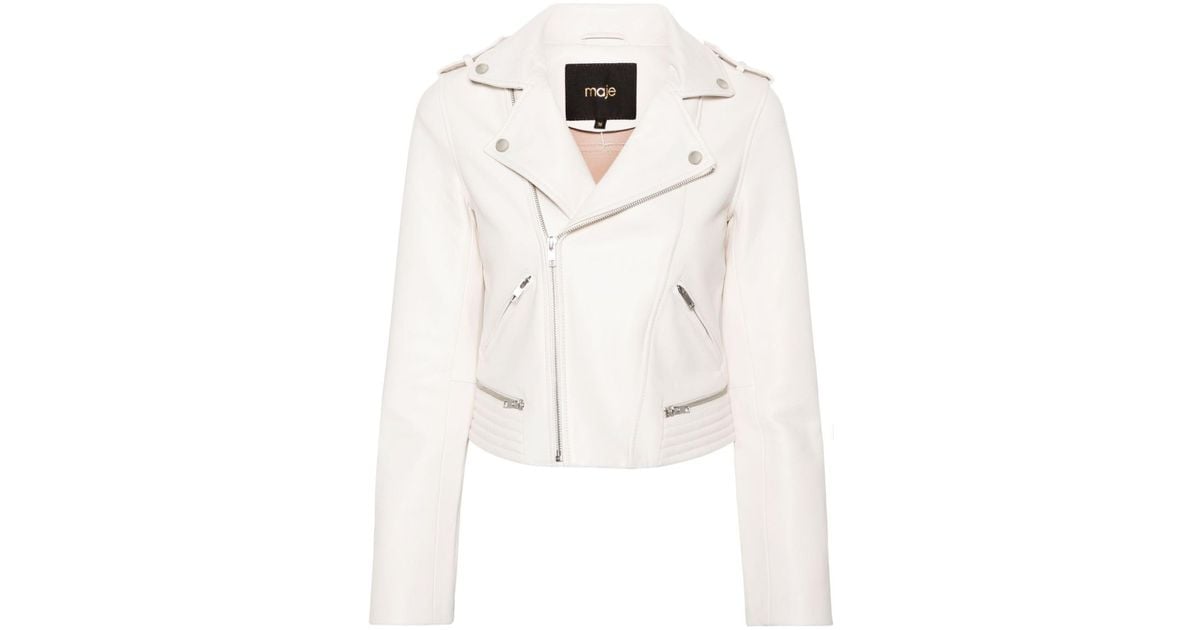 Maje Matelassé-Detailing Leather Biker Jacket in White | Lyst