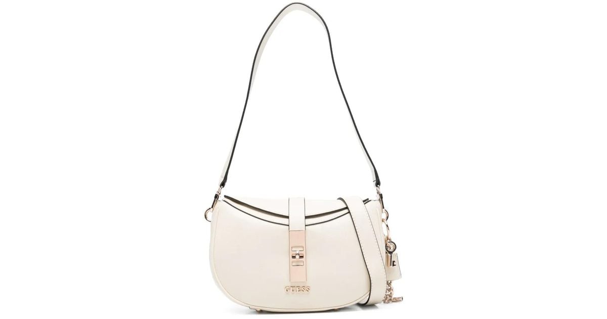 Guess Brooke Logo Charm Shoulder Bag in White | Lyst