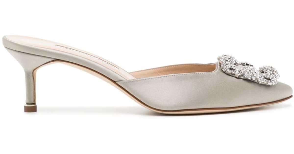 Manolo Blahnik Hangisimu Jewel-Buckle Mules in Metallic | Lyst