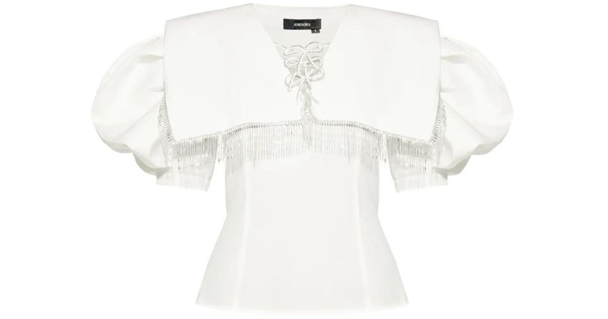 ANOUKI Crystal-Embellished Puff-Sleeve Blouse in White | Lyst UK