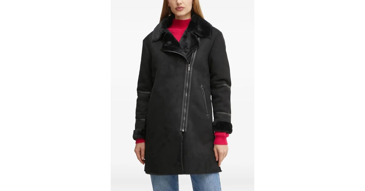 Morgan Faux-Fur Trim Coat in Black | Lyst