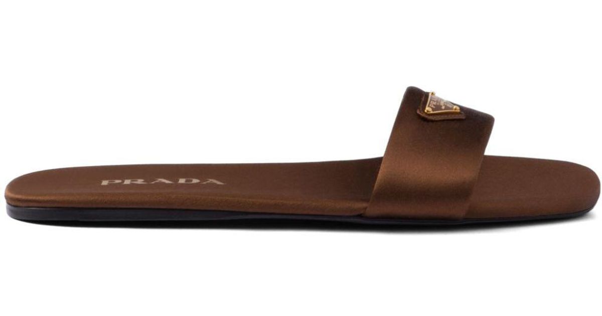 Prada Triangle-Logo Satin Slides in Brown | Lyst
