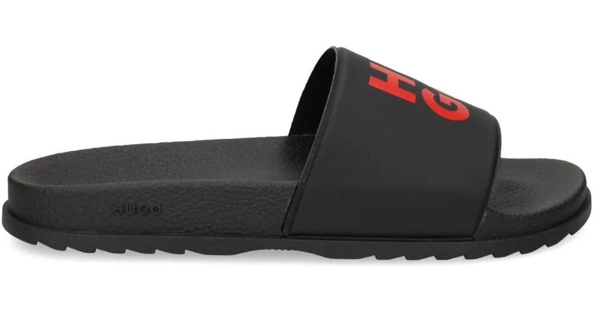 HUGO Logo-Print Pool Slides in Black for Men | Lyst
