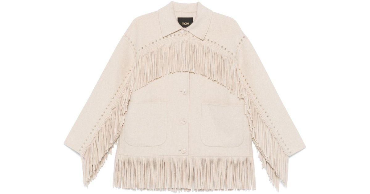 Maje Fringed Coat in White | Lyst