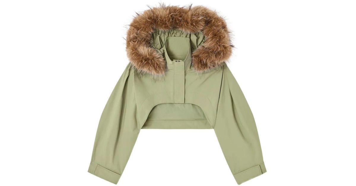 Ganni Fur-Trimmed Cropped Jacket in Green | Lyst UK