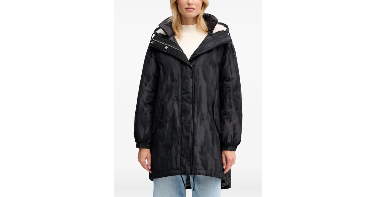 Sisley Hooded Patterned Parka Coat in Black | Lyst Canada